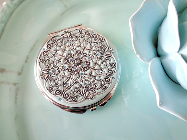 Classic Silver Compact Mirror - Crystal Filigree