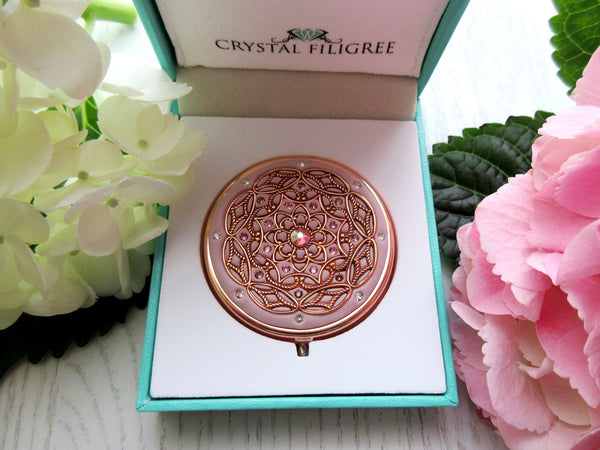 Rose Gold Centerstone Pill Box - Crystal Filigree
